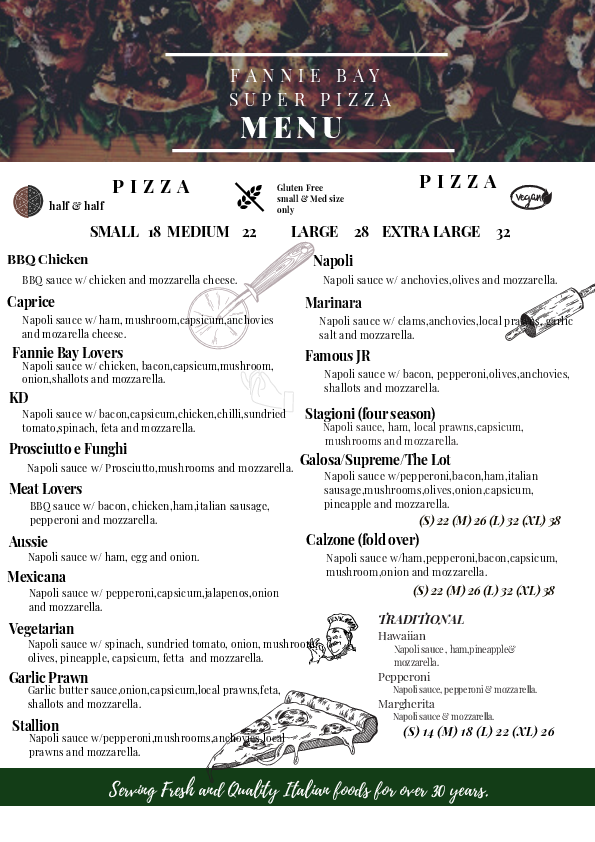 Menu – Fannie Bay Super Pizza Italian Restaurant in Fannie Bay, NT